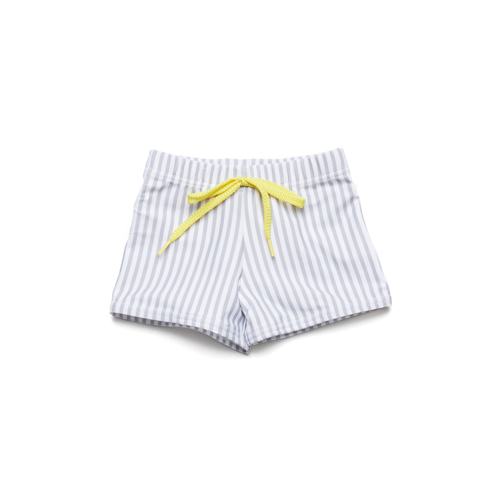 boys grey and white vertical striped swim trunks | Pluunge